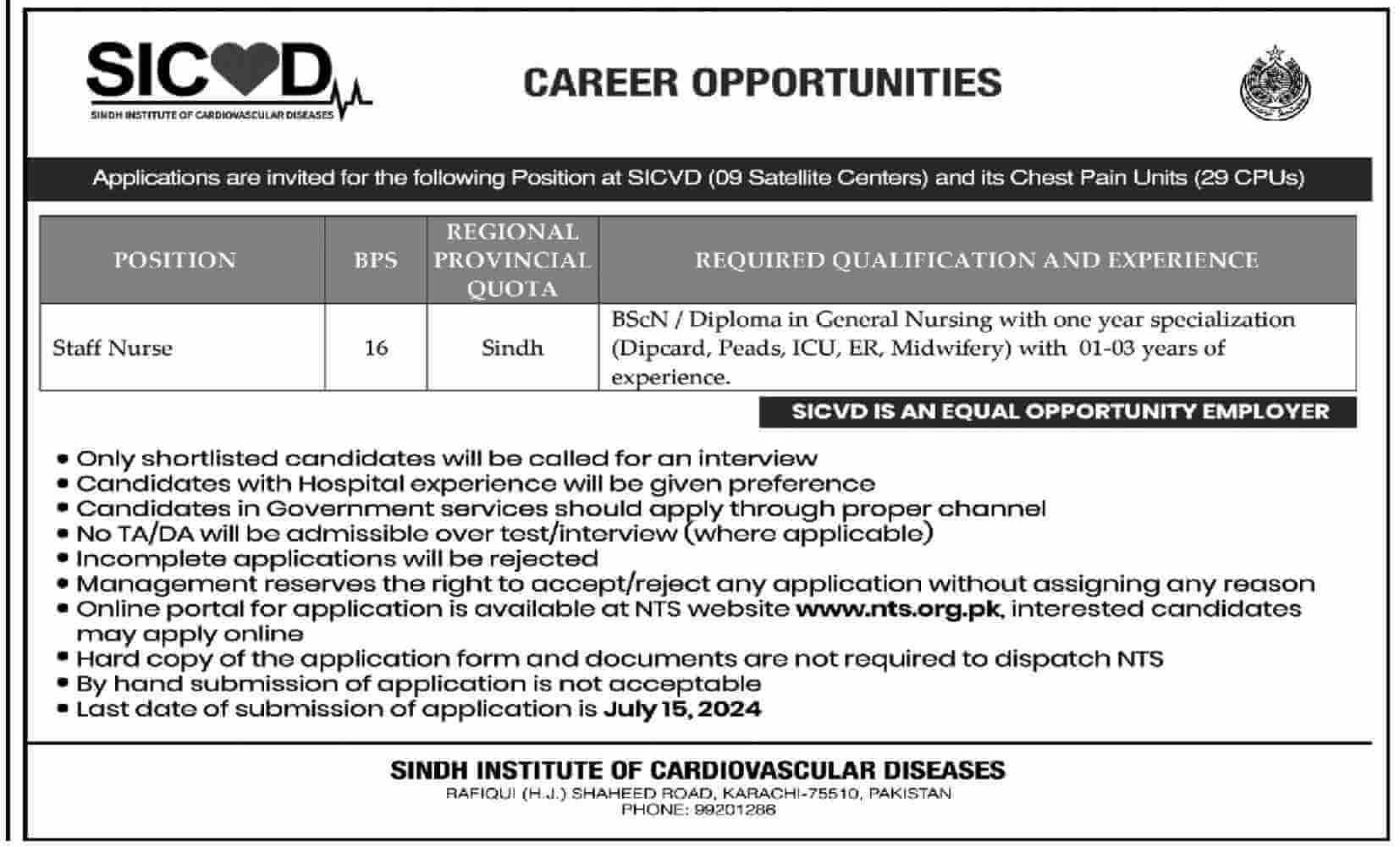 Staff Nurse Jobs SICVD 2024