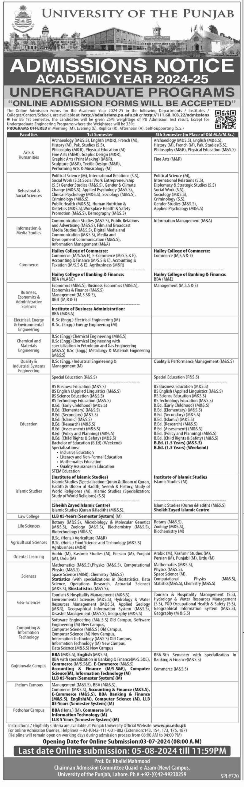 University of the Punjab Admissions Notice 2024-25