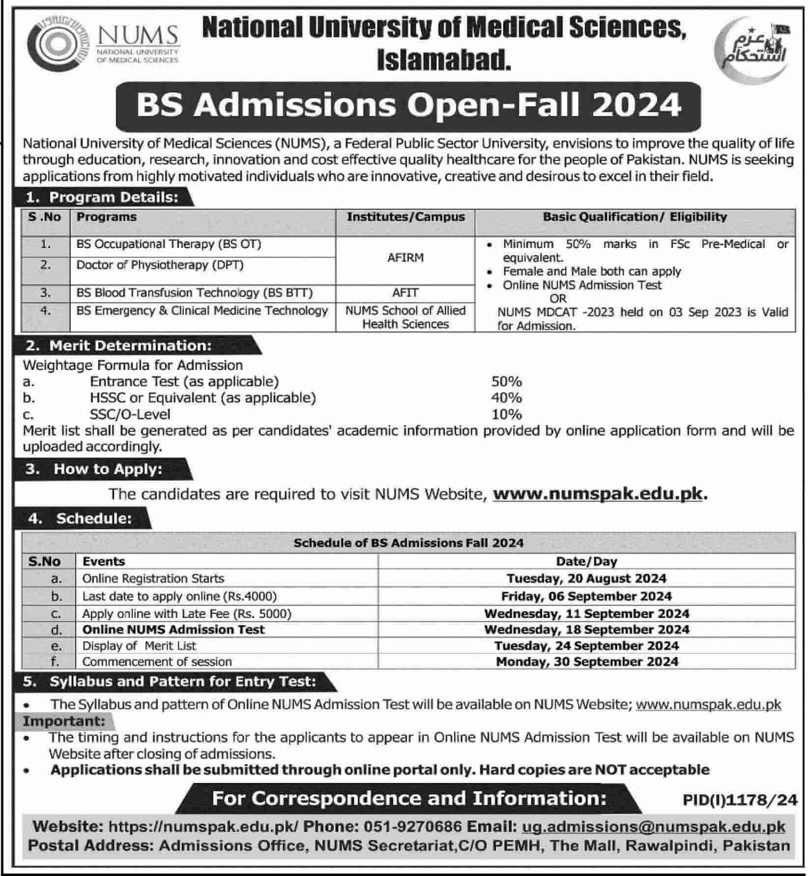 NUMS Admission Open-Fall 2024
